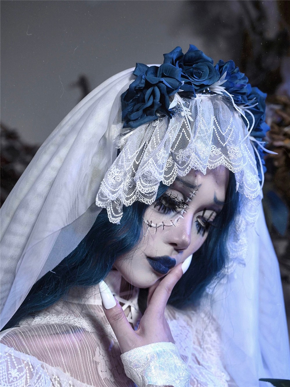 Corpse Bride Gothic Rose Veil and Lace Gloves - CosSuits